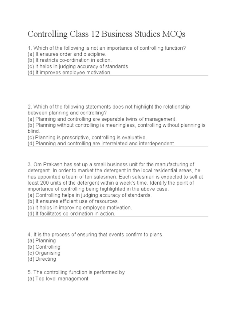 Controlling Class 12 Business Studies MCQs | PDF