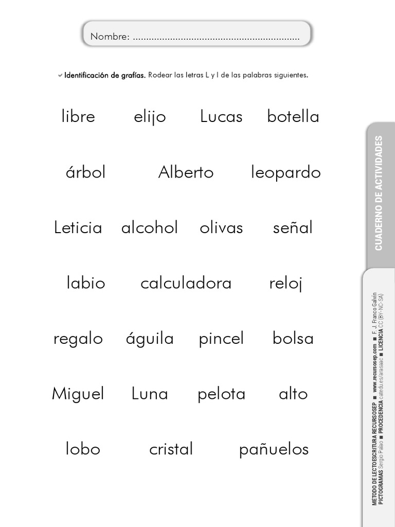 Actividades de Lectoescritura con L y l | PDF