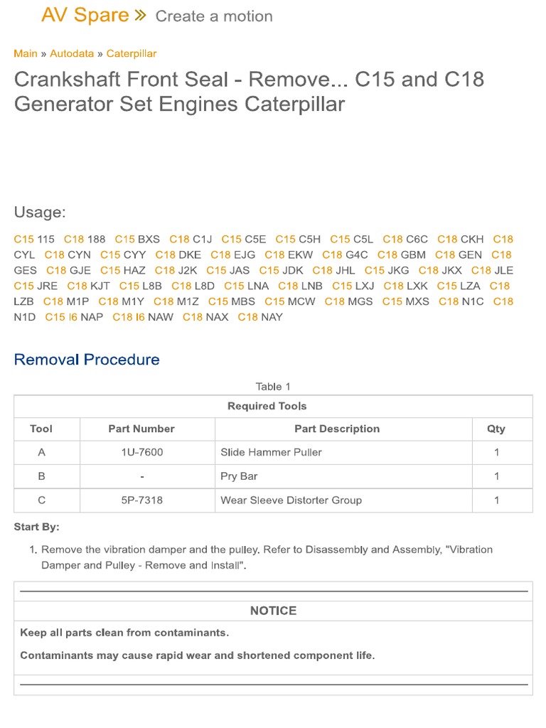 Crankshaft Front Seal - Remove... C15 A... Set Engines Caterpillar ...