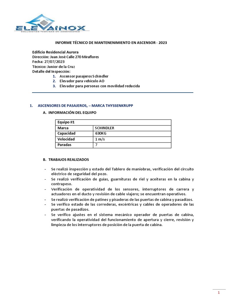 Informe Técnico de Ascensor - Julio 2023 | PDF | Ascensor | Infraestructura de transporte