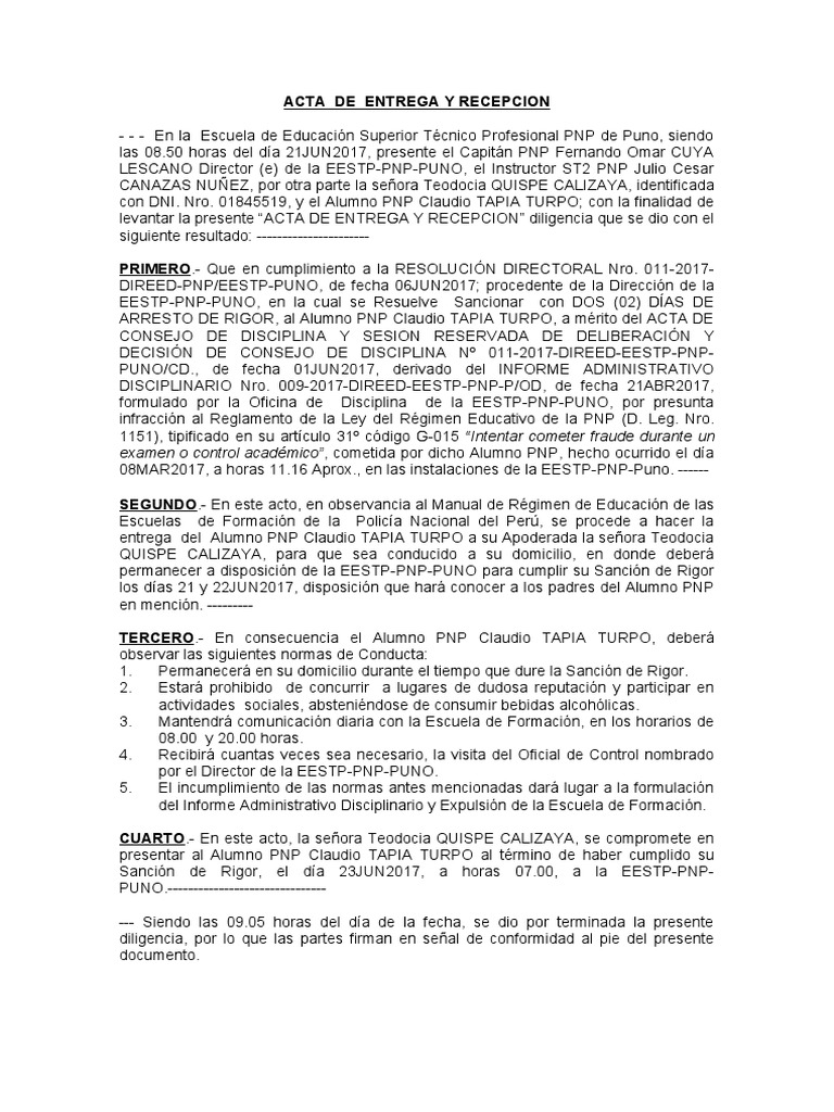 Acta de Entrega y Recepcion | PDF