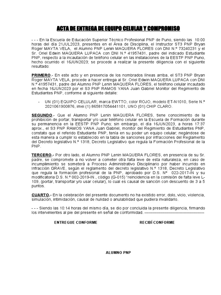 ACTA DE DEVOLUCION Celular | PDF