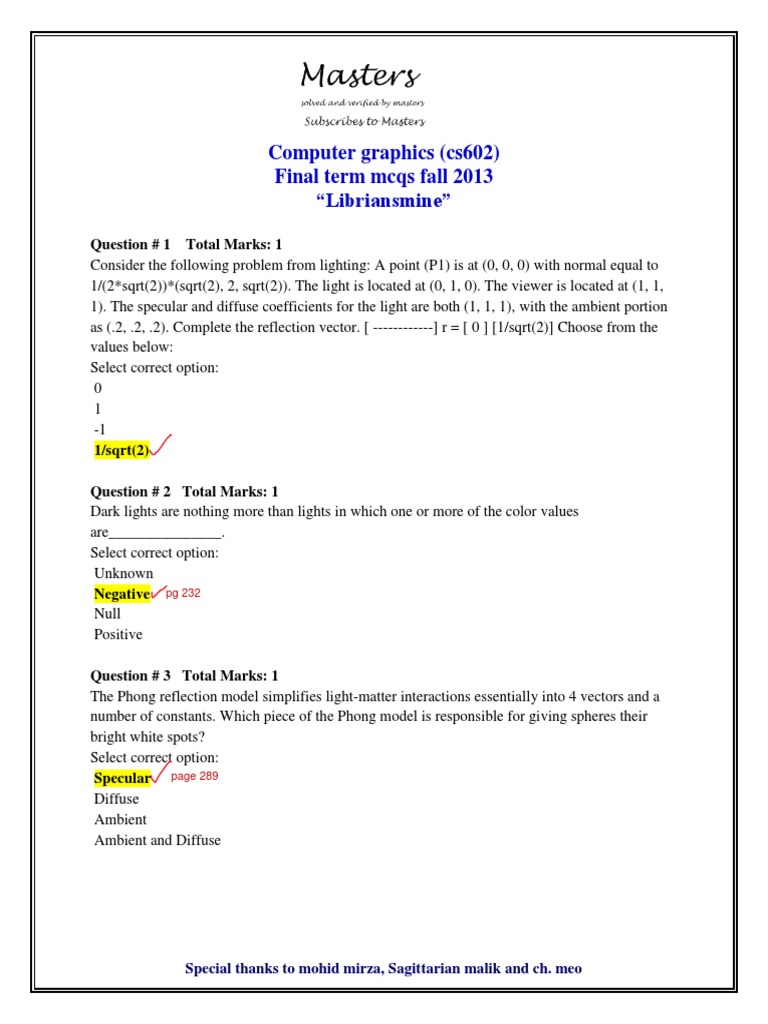 CS602 Final Term MCQs Overview | PDF | Curve | Refraction