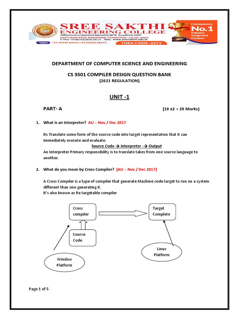 CS 3501 Compiler Design Question Bank With Answer Unit 1 | PDF