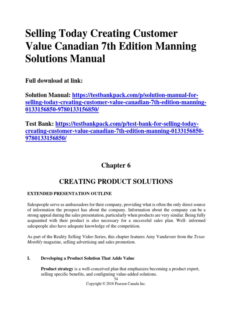 Selling Today Creating Customer Value Canadian 7th Edition Manning Solutions Manual Download | PDF