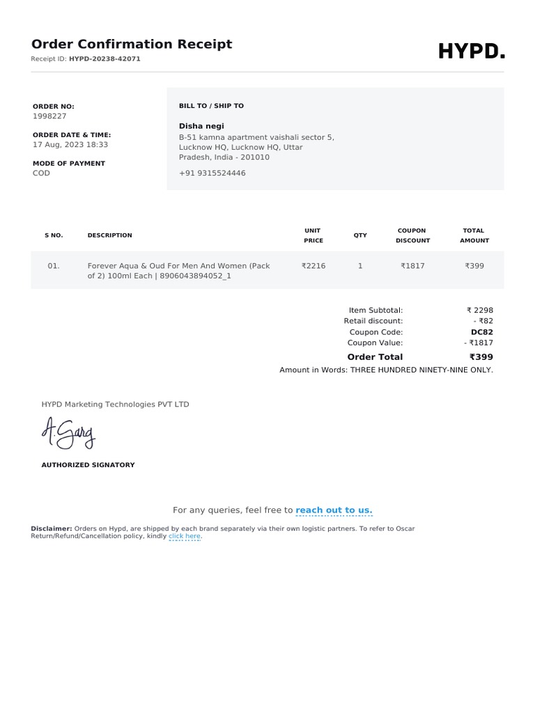 Order Confirmation for Forever Aqua & Oud | PDF