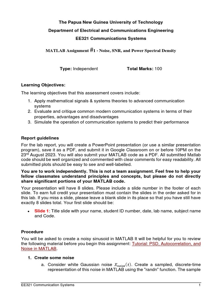 EE321 - Assignment #1 - Noise, SNR, and Power Spectral Density | Download Free PDF | Signal To ...