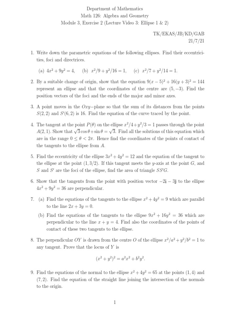 MATH 126 Module 3 - Exercise 2 - Ellipse | PDF | Ellipse | Equations