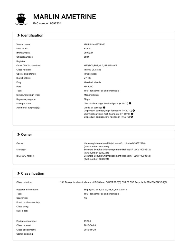 MARLIN AMETRINE - DNV GL Vessel Register | PDF