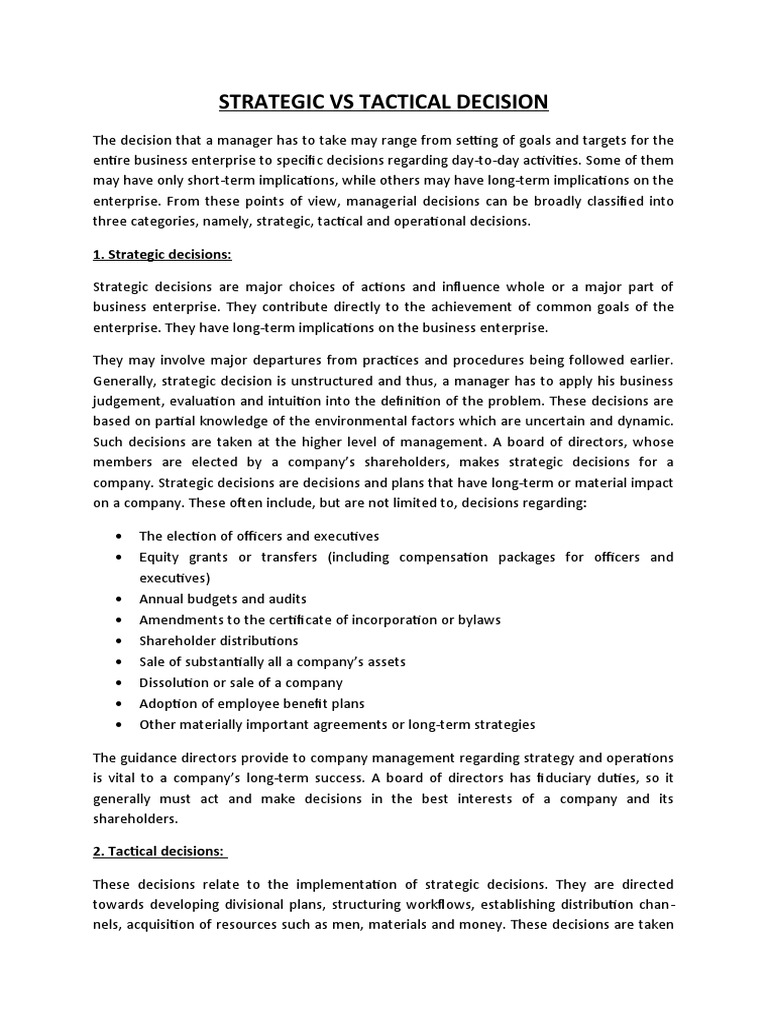 Strategic vs Tactical Decision Making | PDF