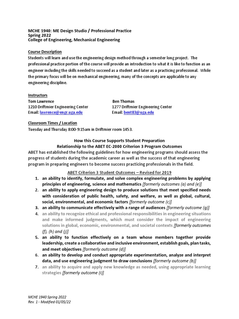 MCHE 1940 Syllabus Spring 2022 | PDF | Engineering | Economics