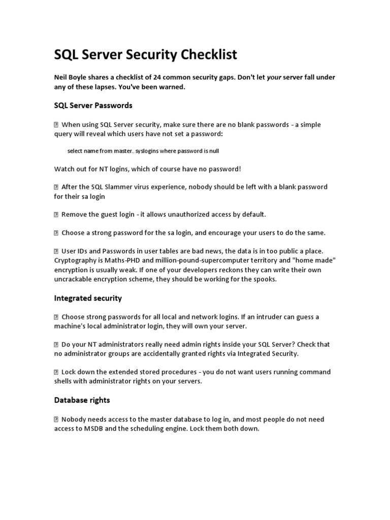 SQL Server Security Checklist | PDF | Password | Microsoft Sql Server