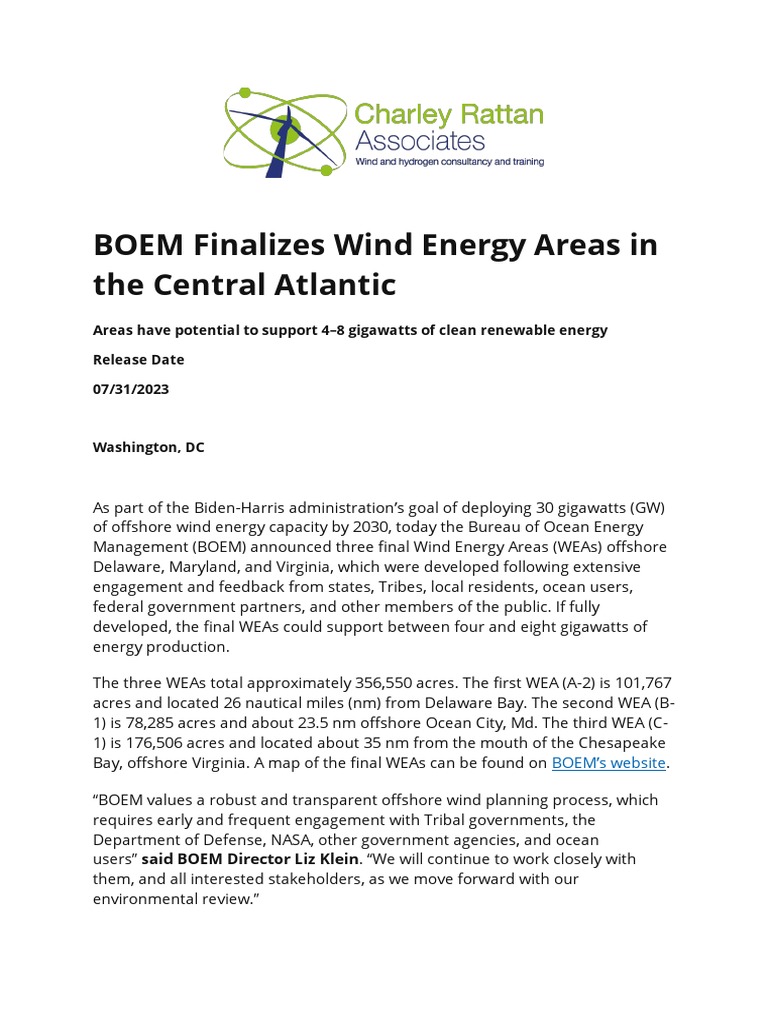 BOEM Finalizes Wind Energy Areas in The Central Atlantic | PDF | Law