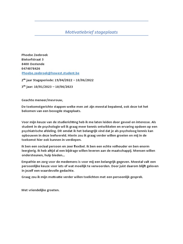 Motivatiebrief Stageplaats 2022 Phoebe Zeebroek, Toegepaste Psychologie ...
