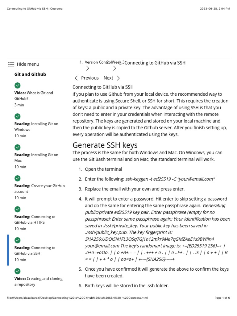 Connecting To GitHub Via SSH - Coursera | PDF | Secure Shell | Computing