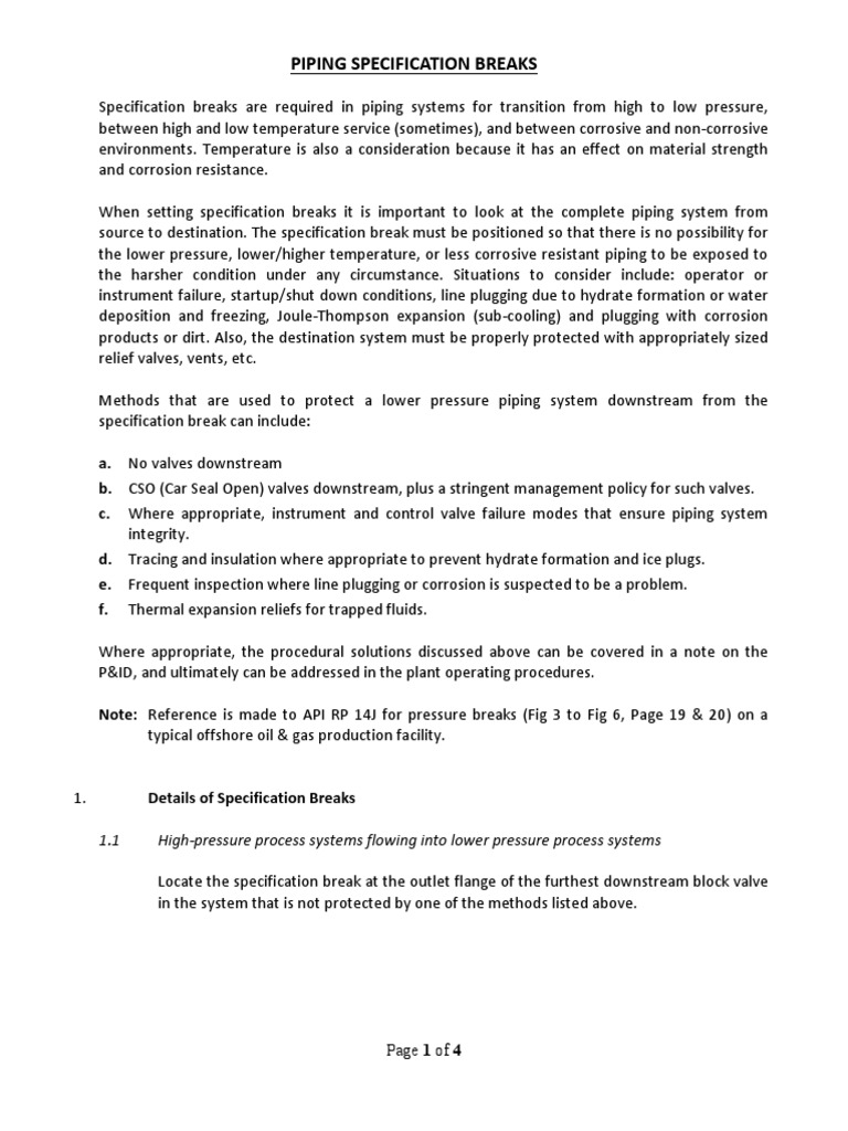 Schematics and Description For Piping Specification Breaks | PDF