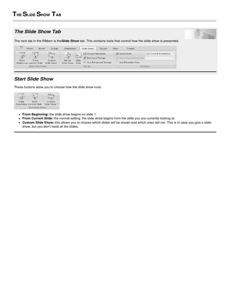 Powerpoint Primer The Slide Show Tab | PDF | Computers