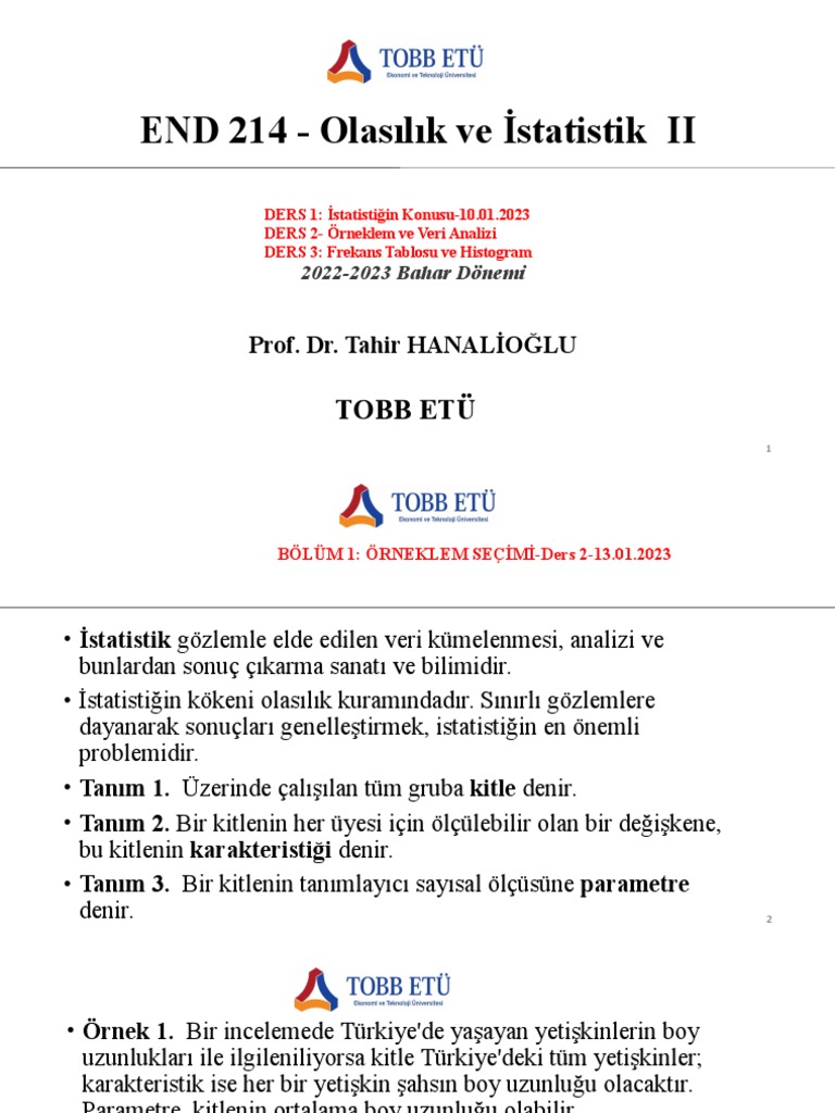 END 214 - Ders 1-2 - 3 - Örneklem - Veri-Frekans Tablosu | PDF