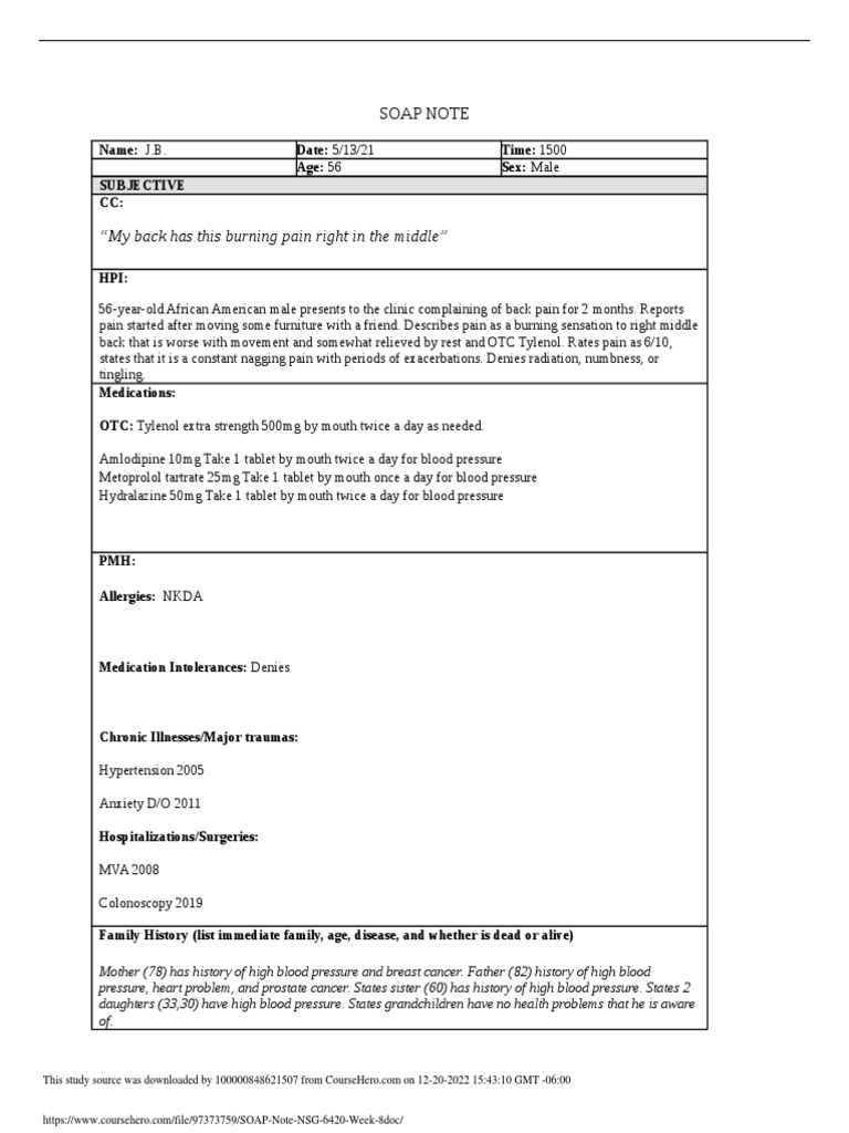 SOAP Note NSG 6420 Week 8 | PDF | Paresthesia | Epidemiology
