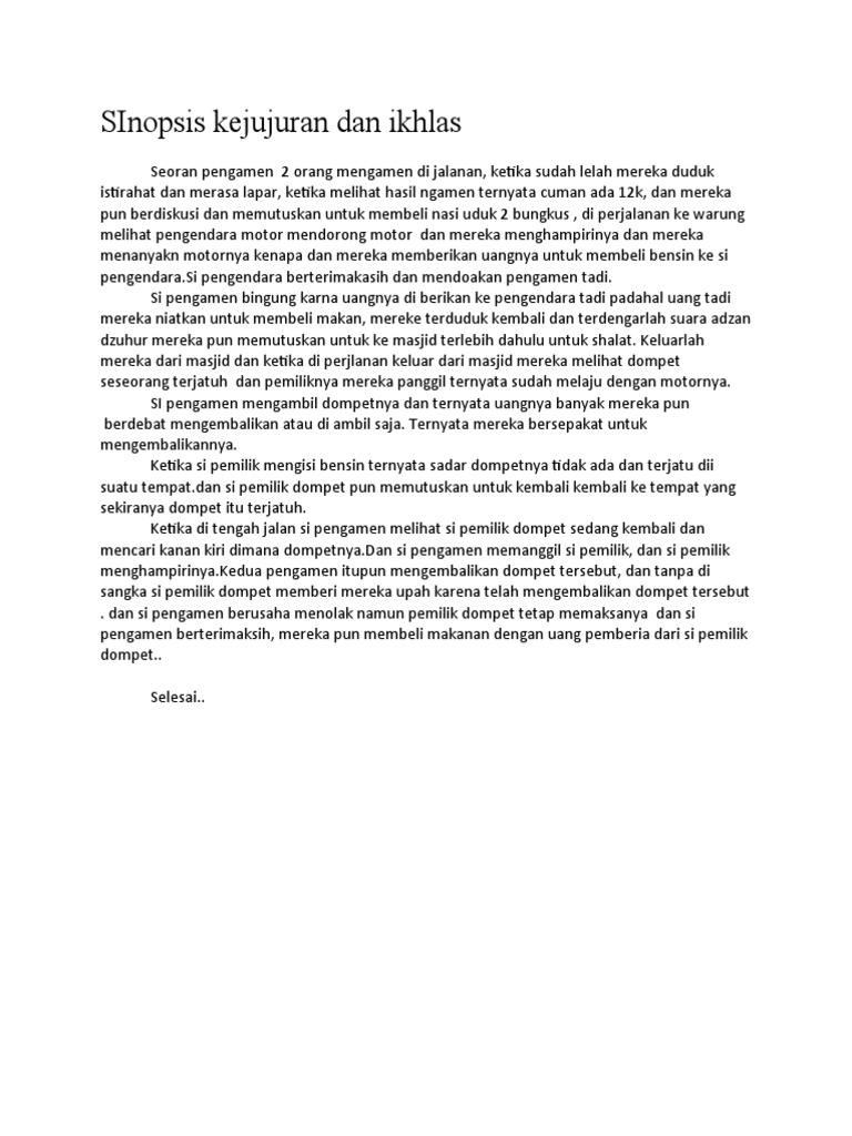 SInopsis Kejujuran Dan Ikhlas | PDF