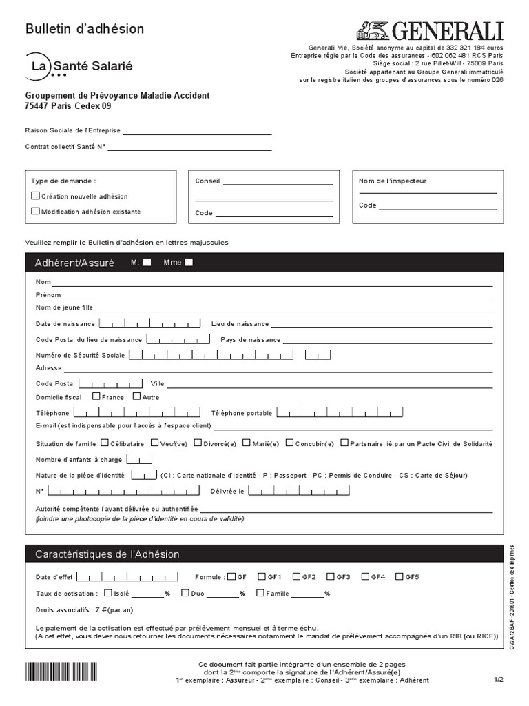 Bulletin D'adhésion La Santé Salarié - GV2A12BAF - 012016 | PDF