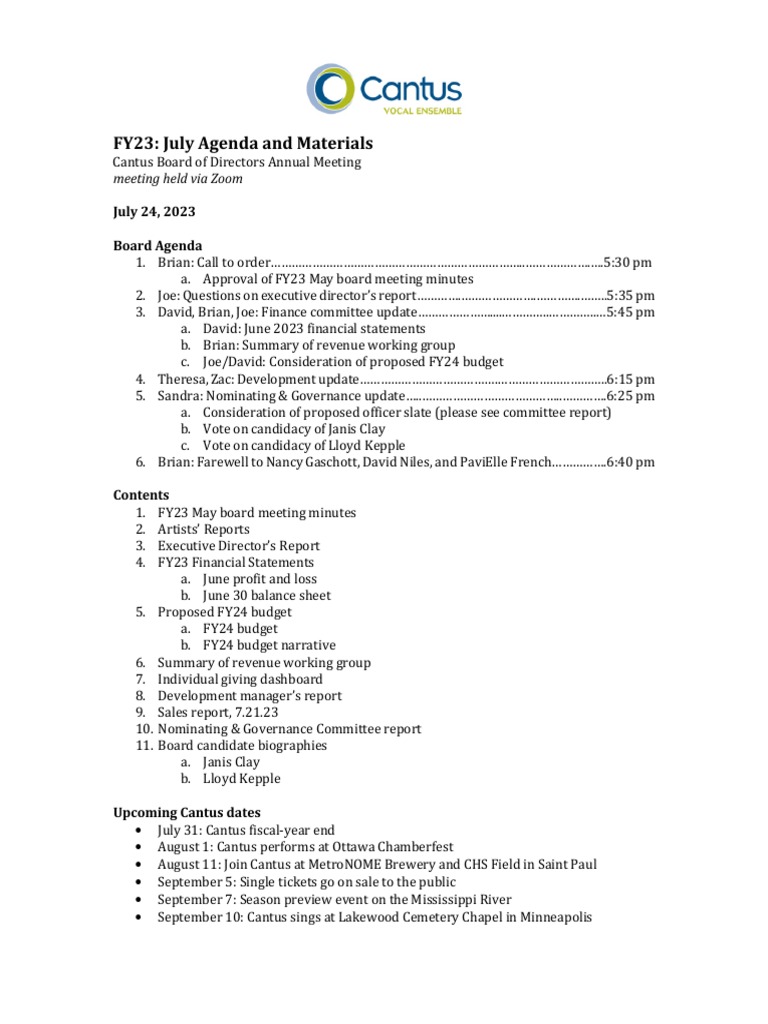 Cantus Board Meeting Agenda - July 2023 | PDF | Sports & Recreation