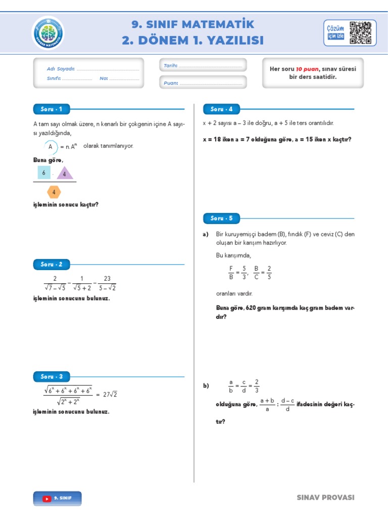 Rehber Matemati̇k - 9.sinif Yazili 2.donem-1.yazili | PDF