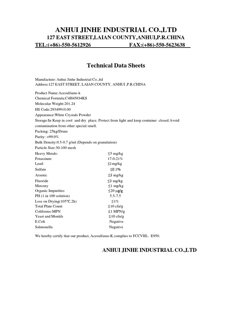 Acesulfame-K Technical Data Sheet | PDF | Cooking, Food & Wine