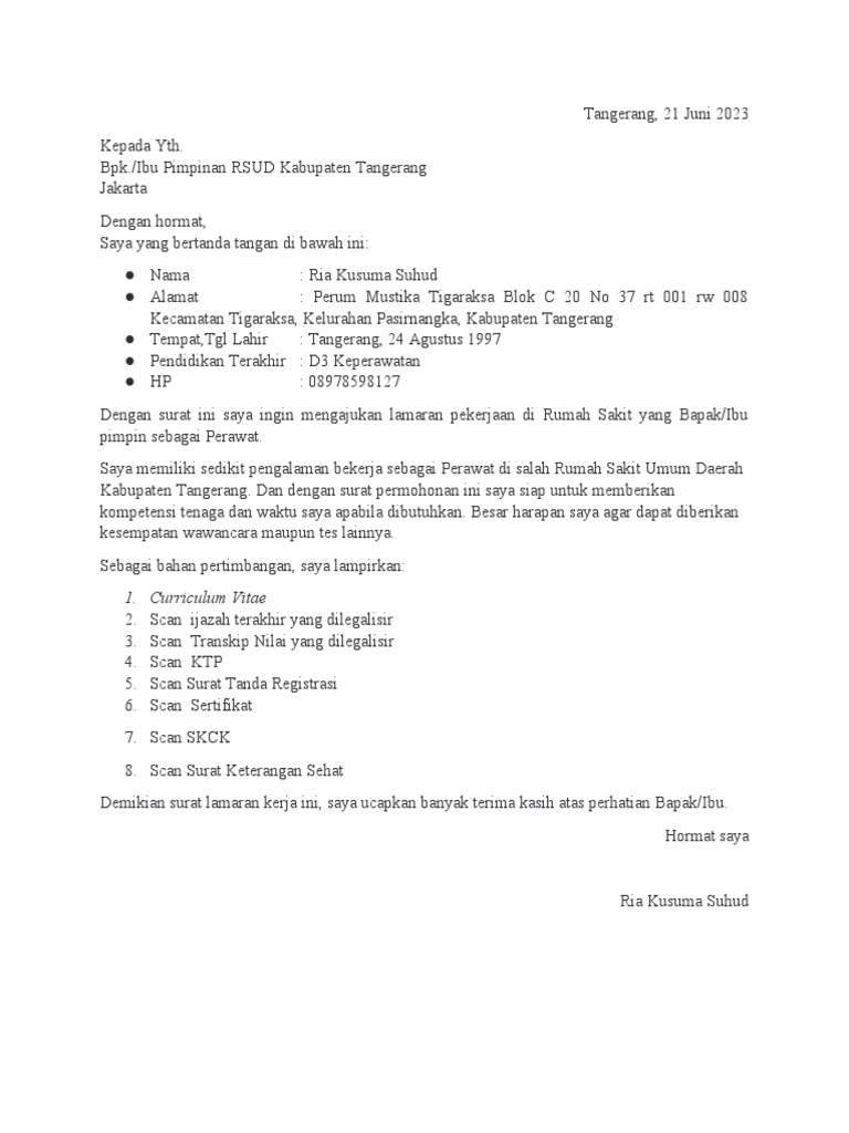 Surat Lamaran Rsud Kab. Tang | PDF