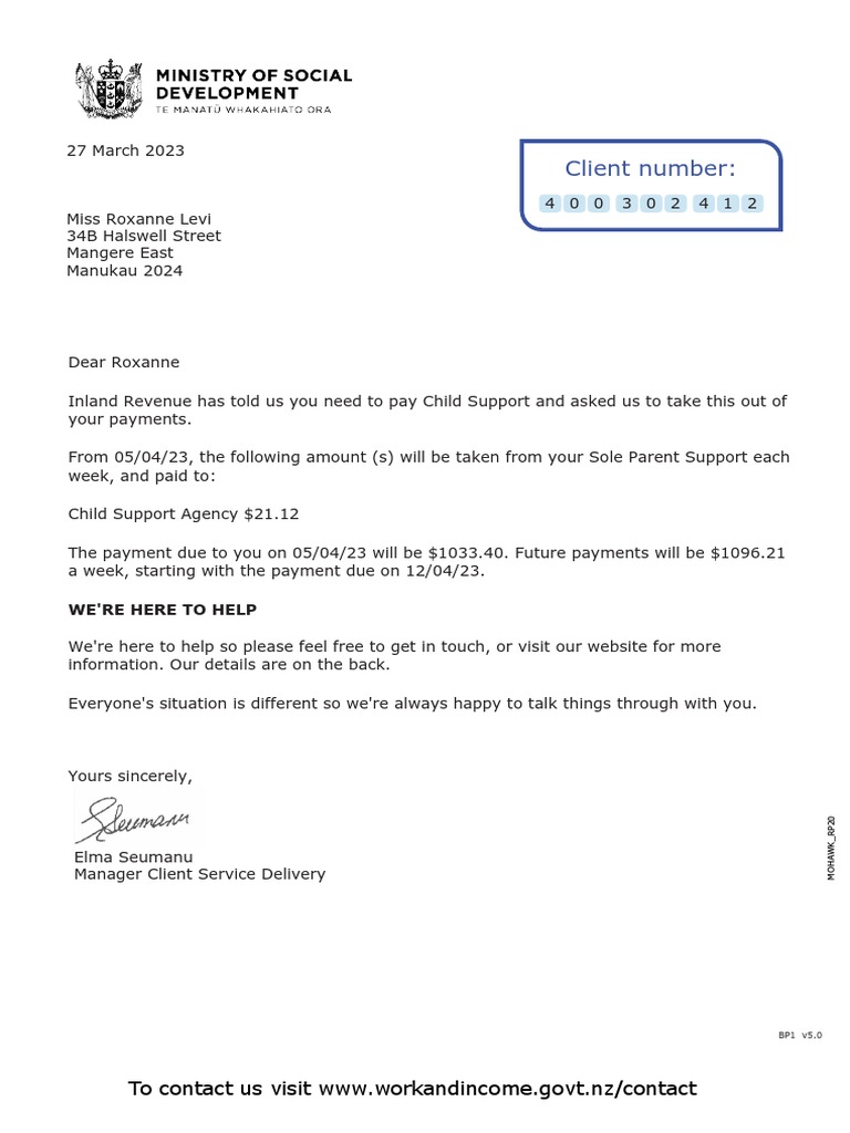 Client Number:: To Contact Us Visit WWW - Workandincome.govt - Nz/contact | PDF