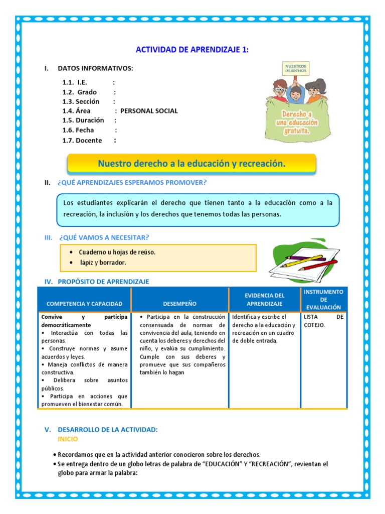 D1 A2 SESION Nuestro Derecho A La Educación y Recreación. | PDF ...