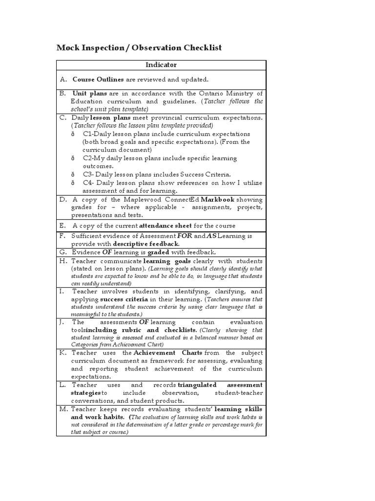 Mock Inspection Observation Checklist | PDF