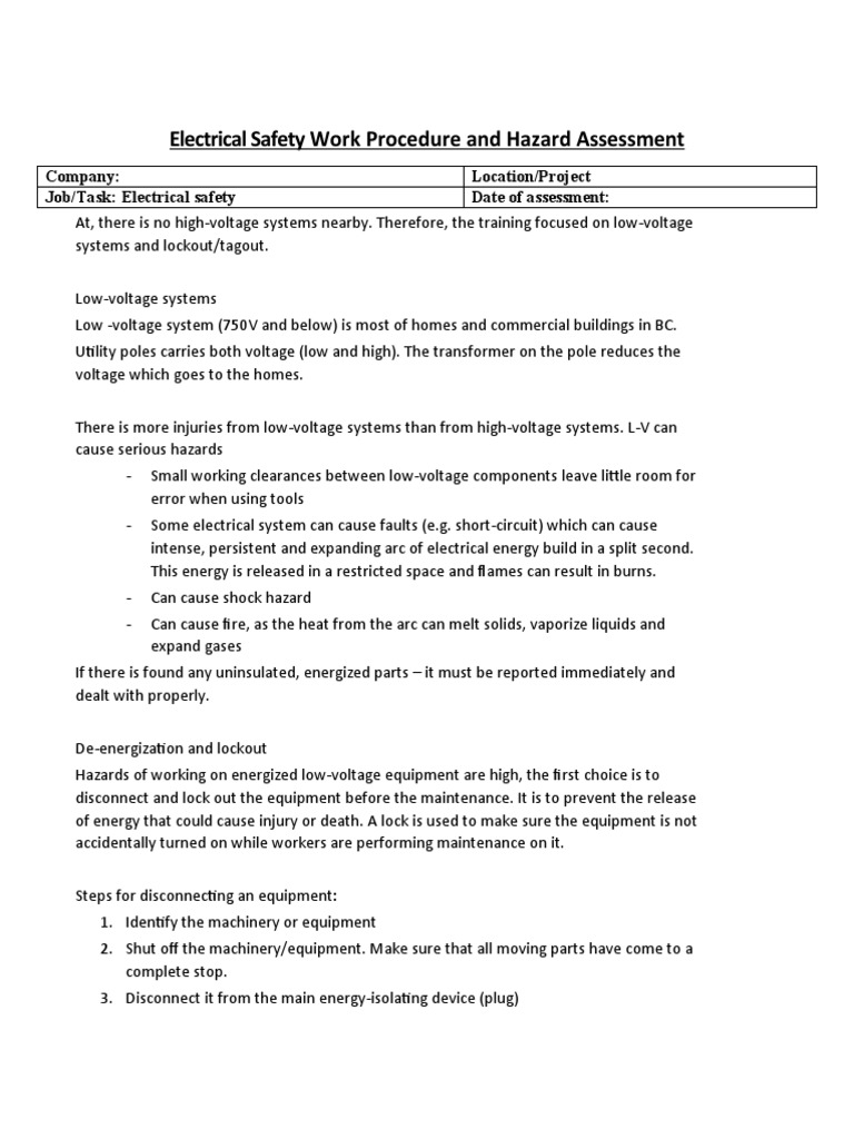 Electrical Safety Work Procedure and Hazard Assessment | PDF ...