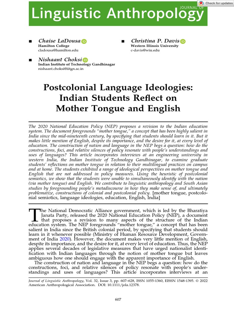 J Linguistic Anthropol - 2022 - LaDousa - Postcolonial Language ...