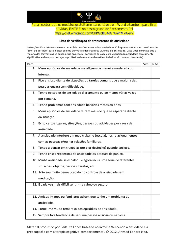 Lista de Verificação de Ansiedade | PDF