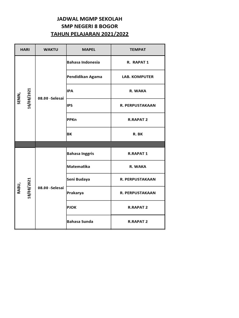 Jadwal MGMP SMP Negeri 8 Bogor 2021 | PDF