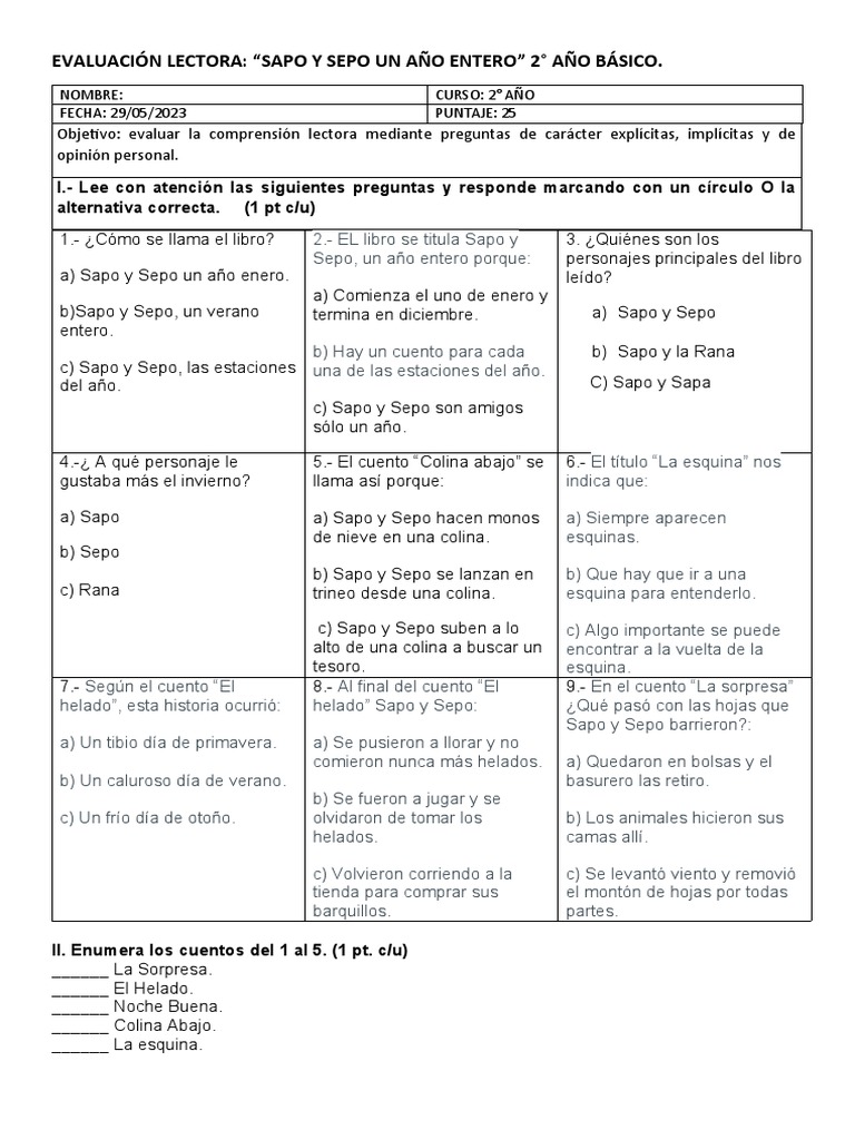 Prueba Libro Sapo y Sepo Un Año Entero | PDF