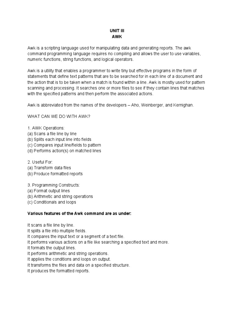 Unit Iii AWK | PDF | Computer Programming | Software Engineering Unit Iii AWK | PDF | Computer Programming | Software Engineering
