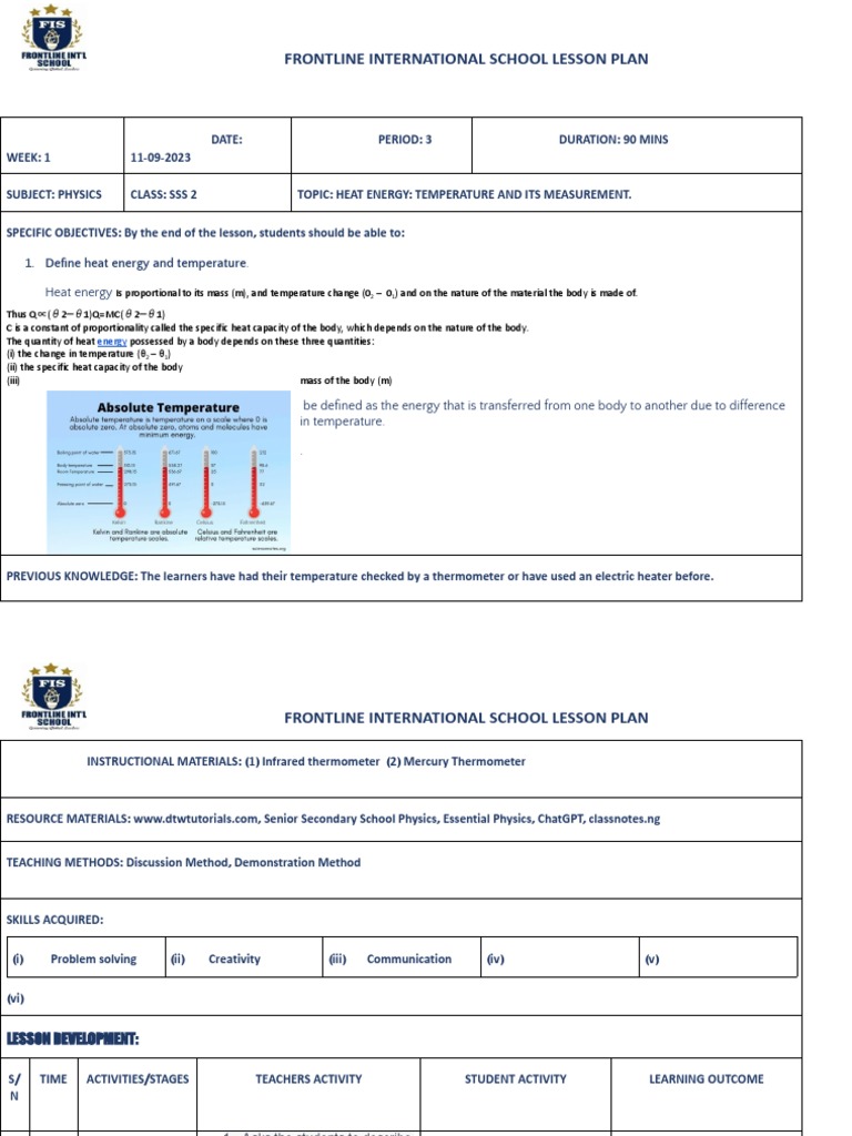 Sss 2 Week 1 Physics Lesson Plan (2023-2024 First Term) | PDF