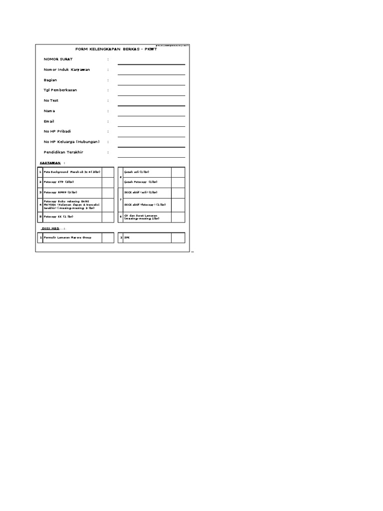 Form Kelengkapan Berkas - PKWT | PDF