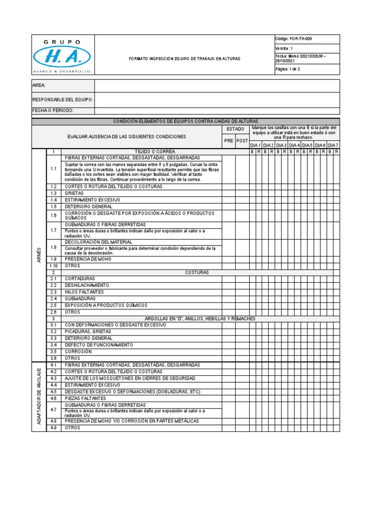 Formato de Inspeccion Equipo de Trabajo en Alturas HA | PDF
