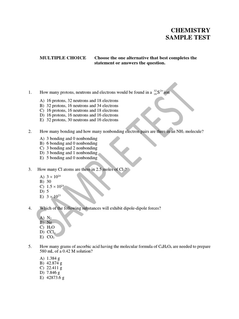 Sample Test Chemistry 2022 | PDF | Chemical Bond | Chlorine