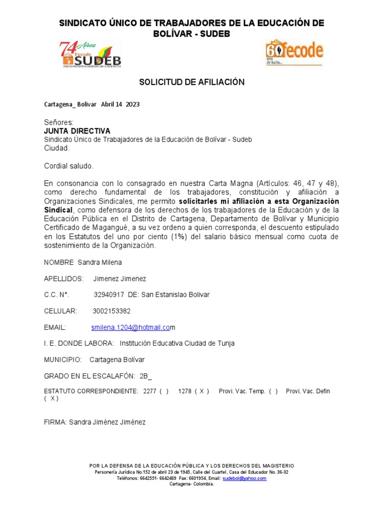 Formato Afiliación Sudeb Actualizado Sandra | PDF