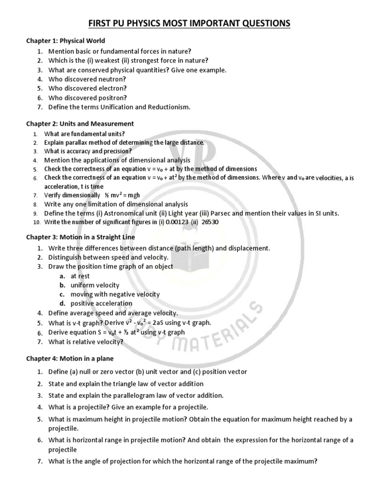 Important Physics Questions for 1st Year | PDF | Rotation Around A ...