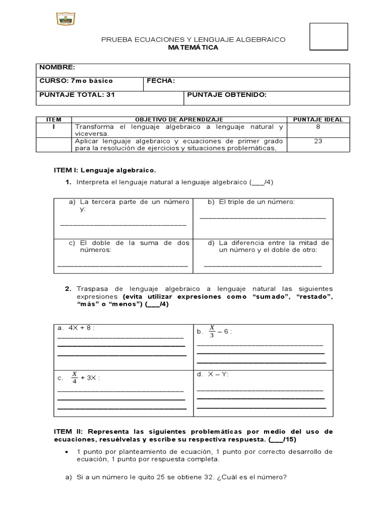 Prueba 7mo Matemáticas Ecuaciones | PDF