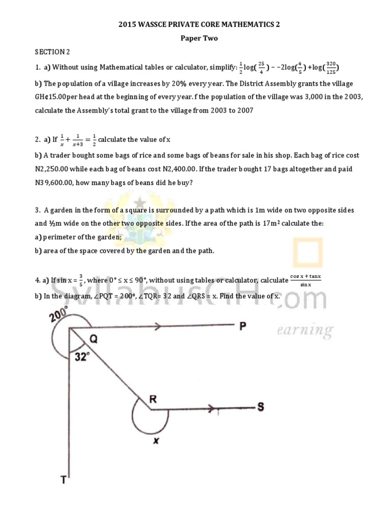 2015 Wassce Private Core Mathematics 2 | PDF