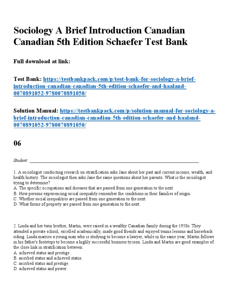Sociology A Brief Introduction Canadian Canadian 5th Edition Schaefer ...
