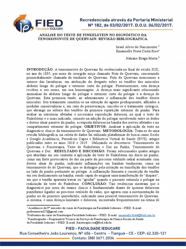 Artigo Análise Do Teste de Finkelstein No Dignóstico Da Tenossinovite ...