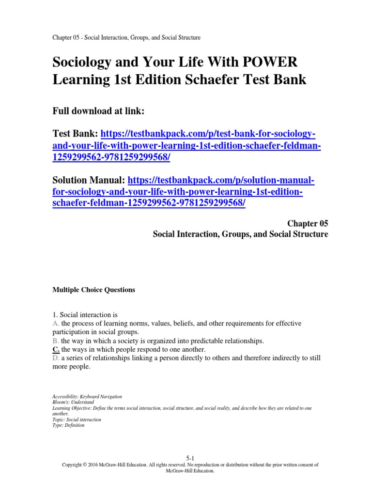Sociology and Your Life With POWER Learning 1st Edition Schaefer Test ...