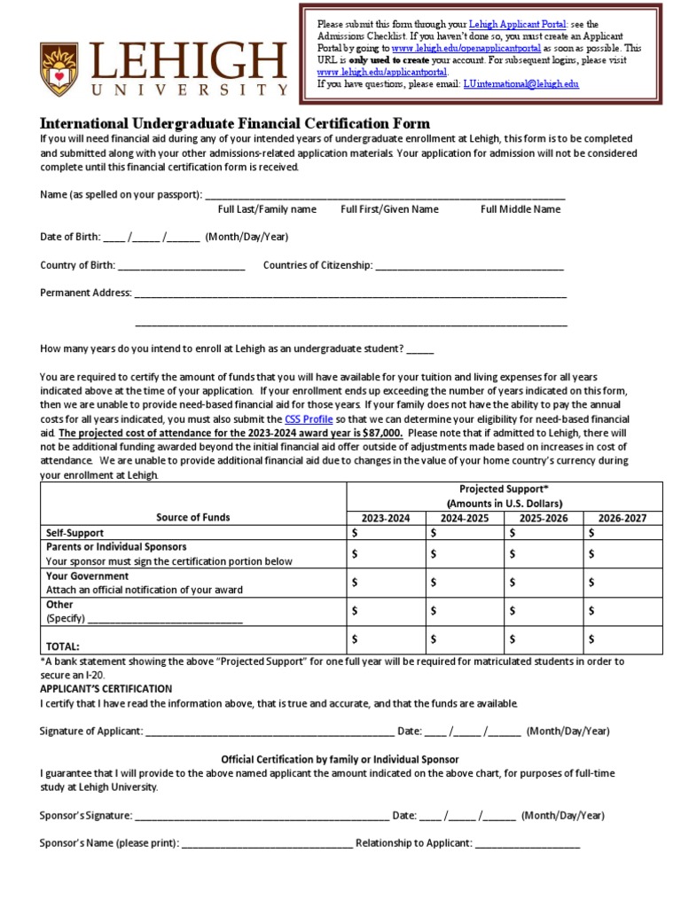 Lehigh International Financial Certification Form | PDF